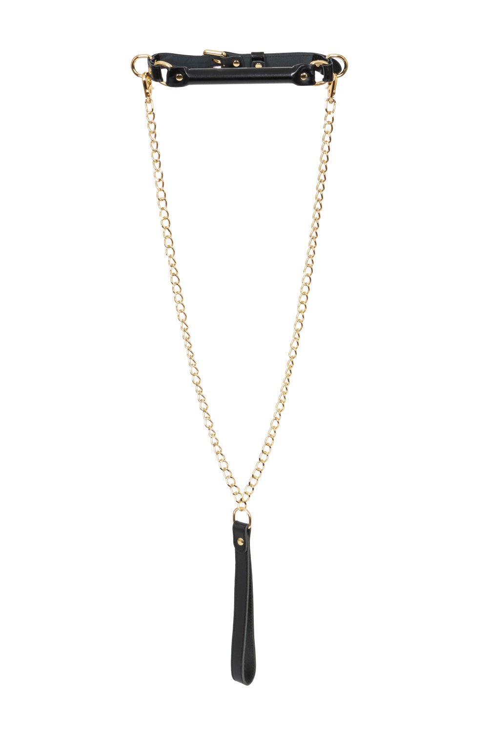 Genuine Leather Bridle Mouth Restraint with removable chain leash. Bla